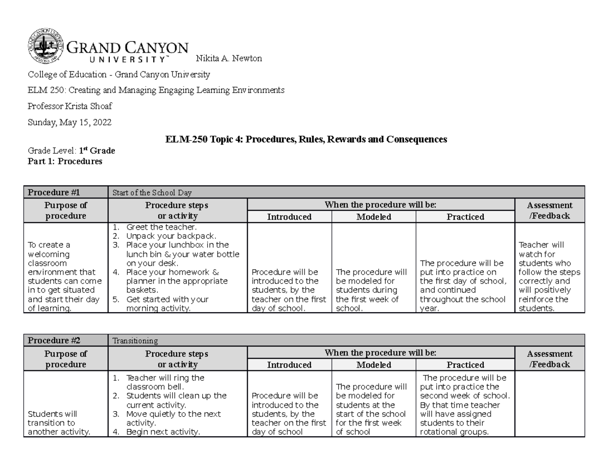 ELM-250 T4 Procedures Template - Nikita A. Newton College of Education ...