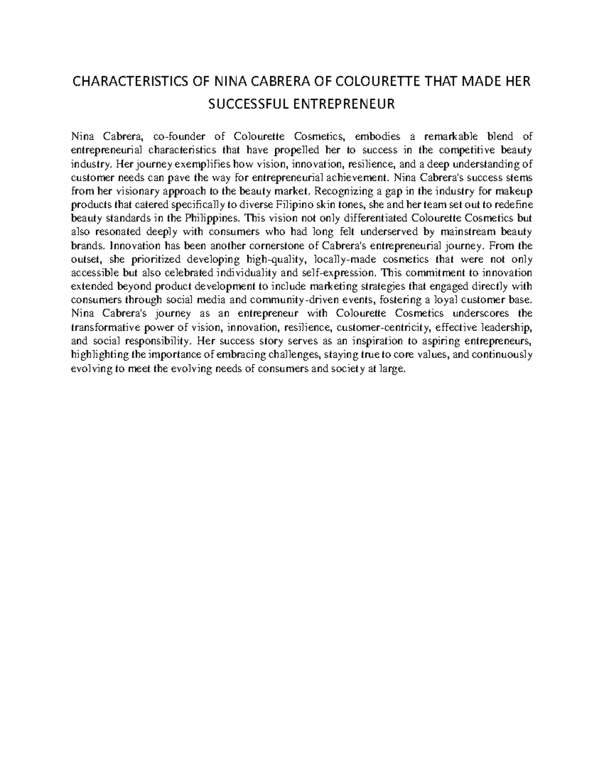 Assignment 2 Canapi - CHARACTERISTICS OF NINA CABRERA OF COLOURETTE ...