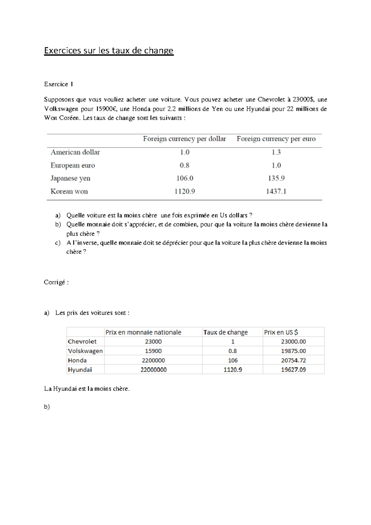 Solutions Exercice Taux De Change Exercices Sur Les Taux De Change