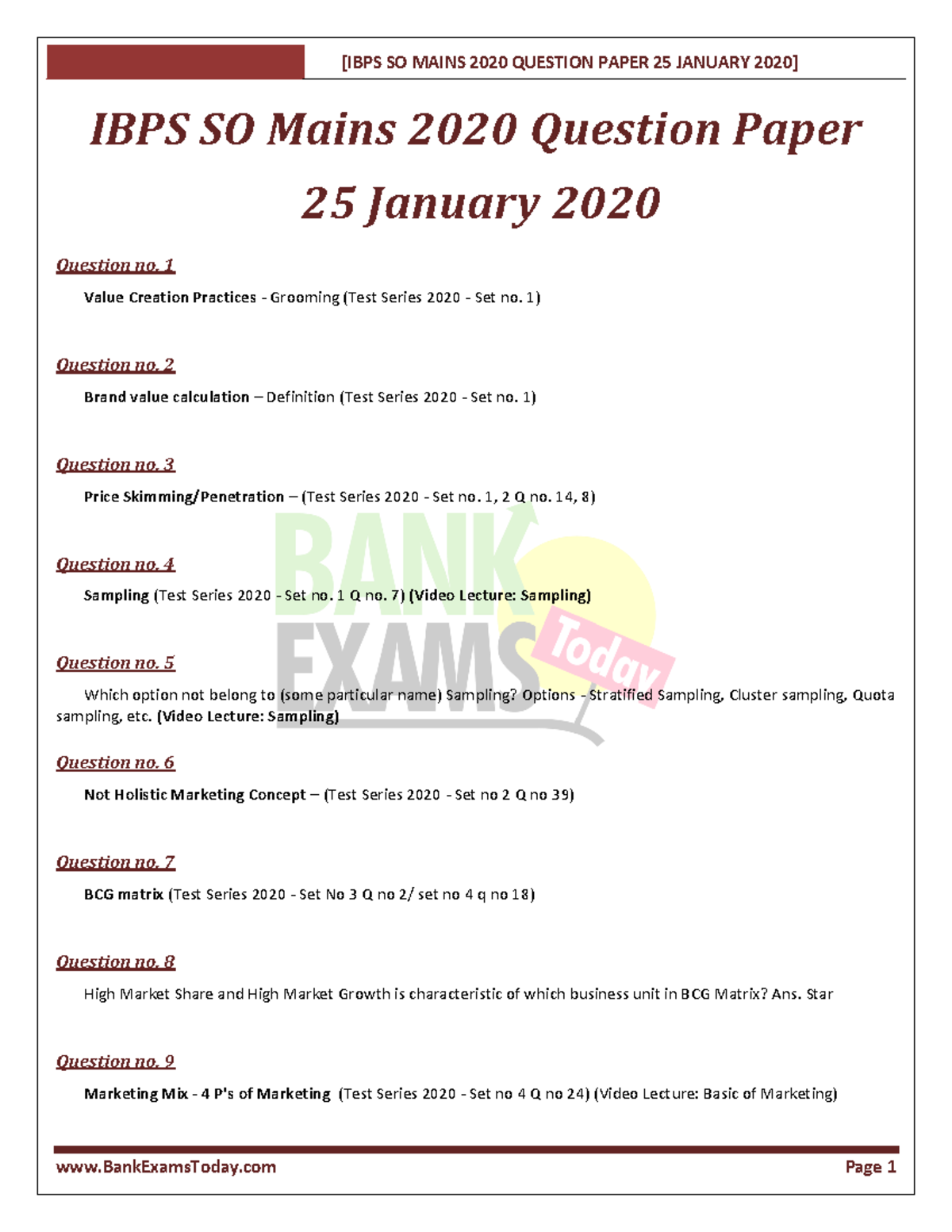 IBPS SO Mains 2020 Question Paper - IBPS SO Mains 2020 Question Paper 25 January 2020 Question ...