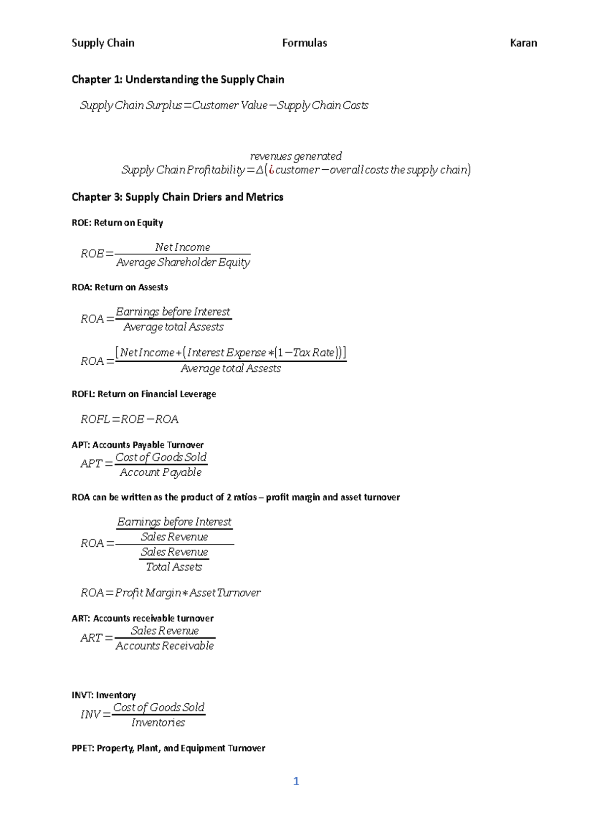 Chapter 3 Formulas - Supply Chain Formulas Karan Chapter 1 ...