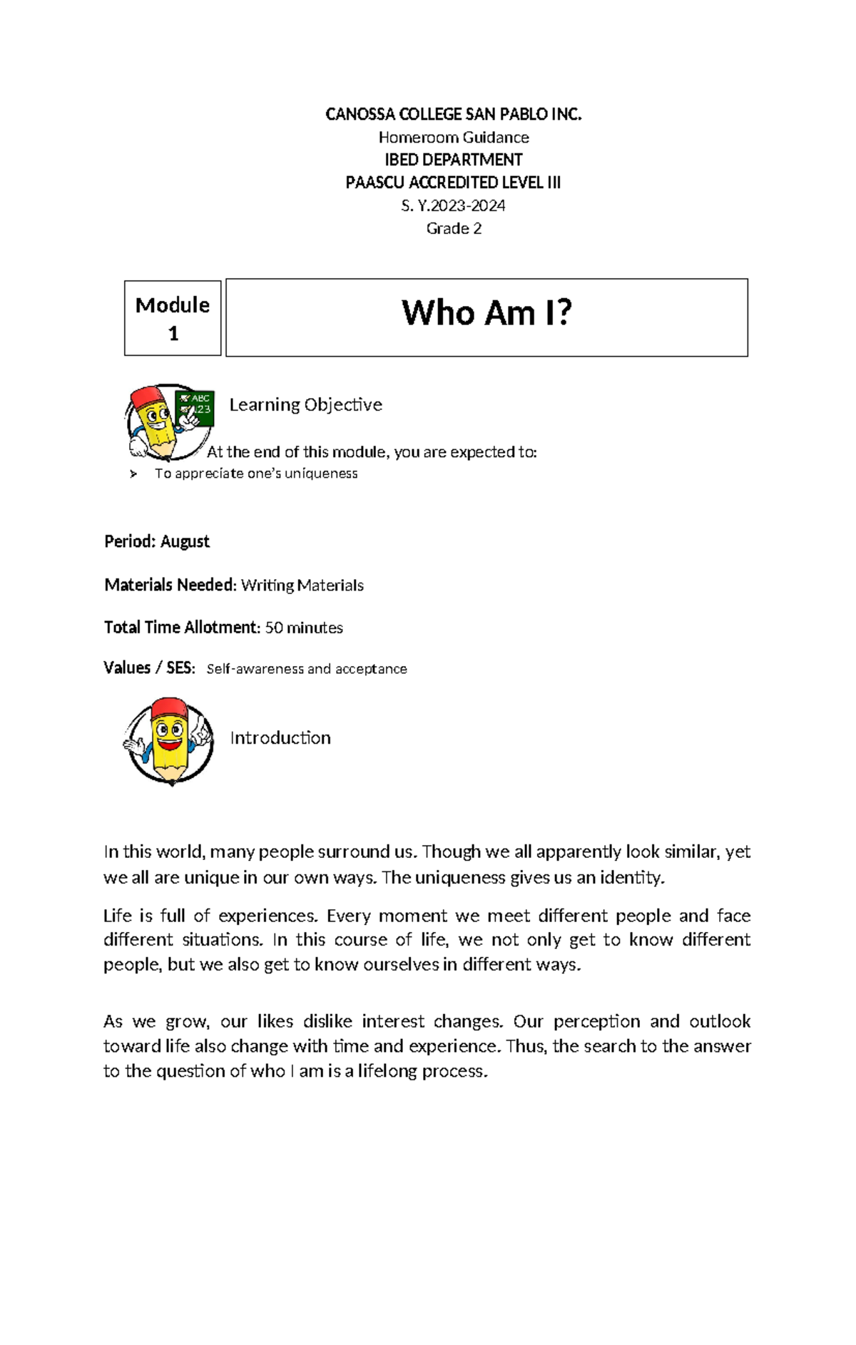 First Quarter Module 2023-2024 - ####### CANOSSA COLLEGE SAN PABLO INC ...
