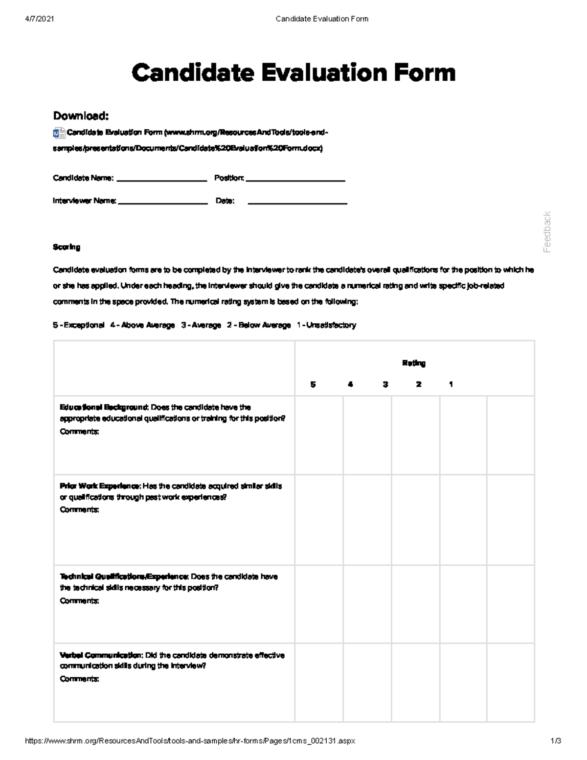 Candidate Evaluation Form - 4/7/2021 Candidate Evaluation Form - Studocu