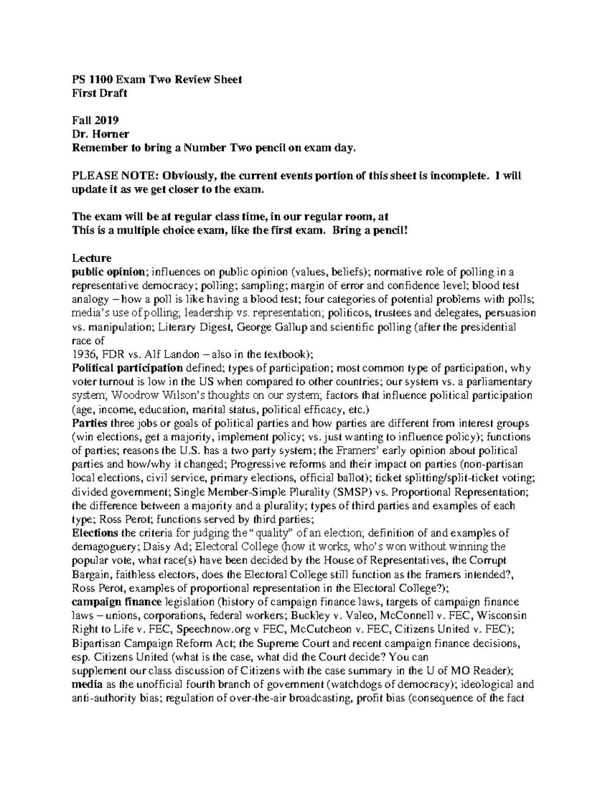 PS Exam 2 Review Sheet - PS 1100 Exam Two Review Sheet First Draft Fall ...