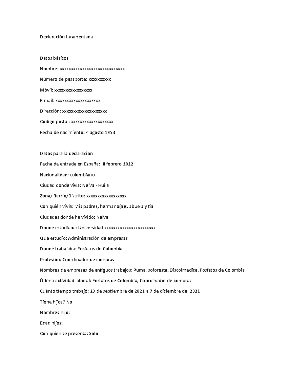 Modelo Declaración Juramentada - Declaración Juramentada Datos básicos ...