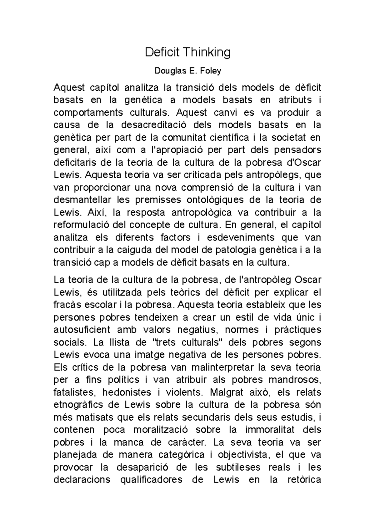 Deficit Thinking resumit - Deficit Thinking Douglas E. Foley Aquest ...