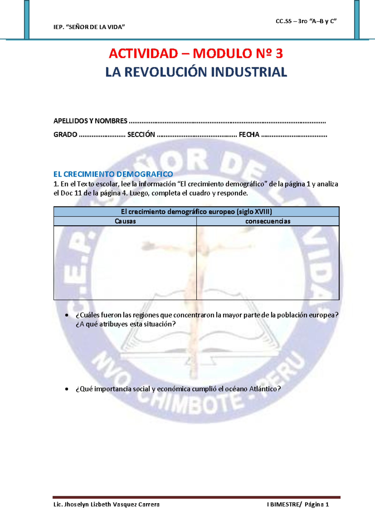 3. Actividad - Modulo 3- CC SS 2024 - IEP. “SEÑOR DE LA VIDA” CC – 3ro “A–B y C” Lic. Jhoselyn ...