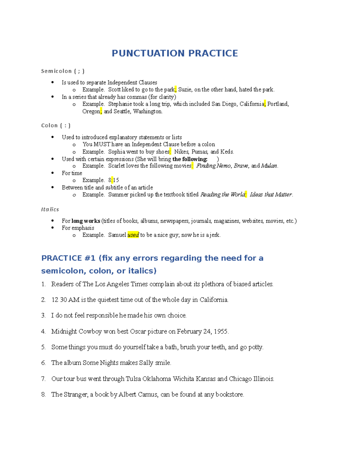 Punctuation How-To and Practice - PUNCTUATION PRACTICE Semicolon ...