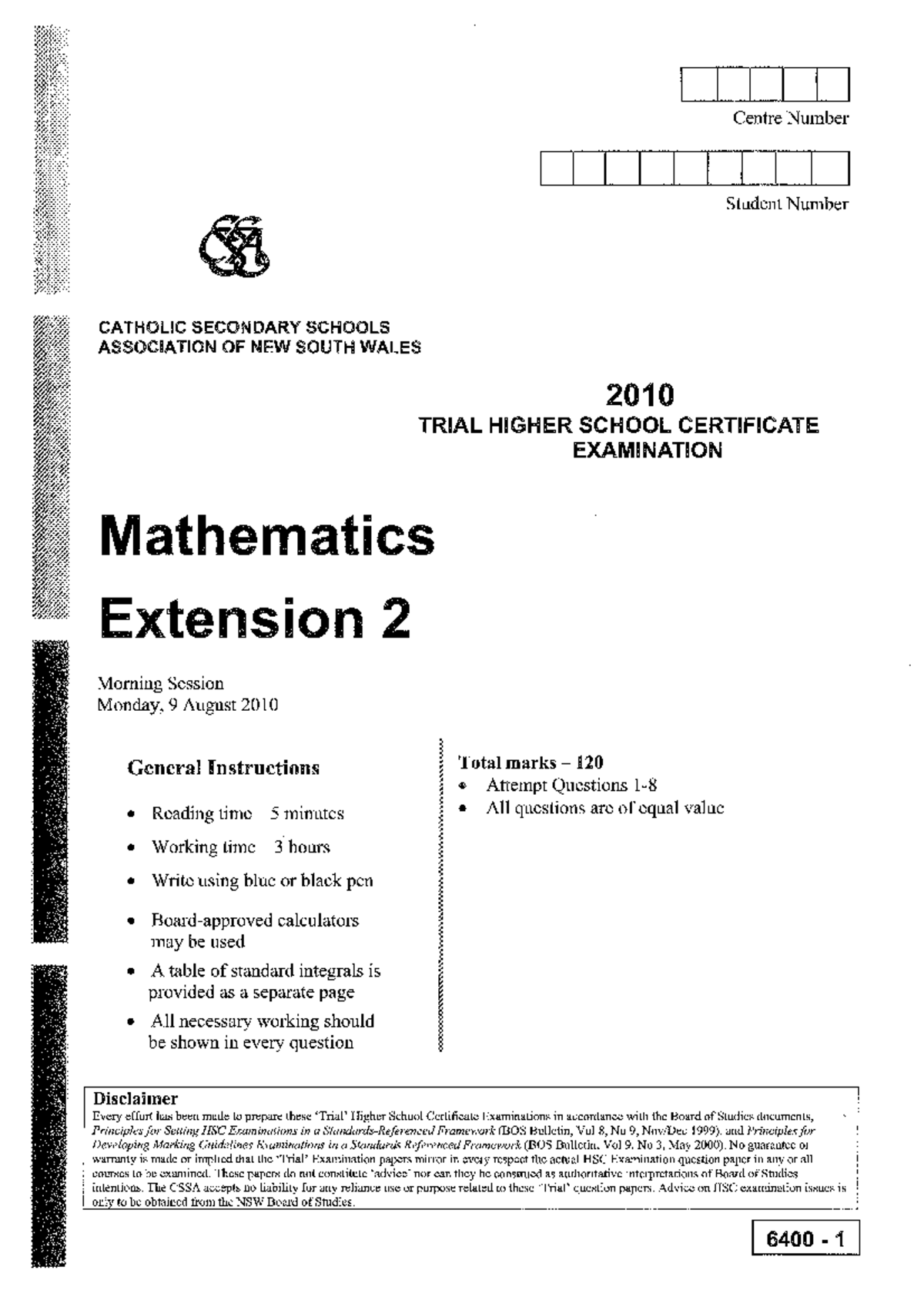 2010 catholic 4u - Practice paper - CATHOLIC SECONDARY SCHOOLS ...