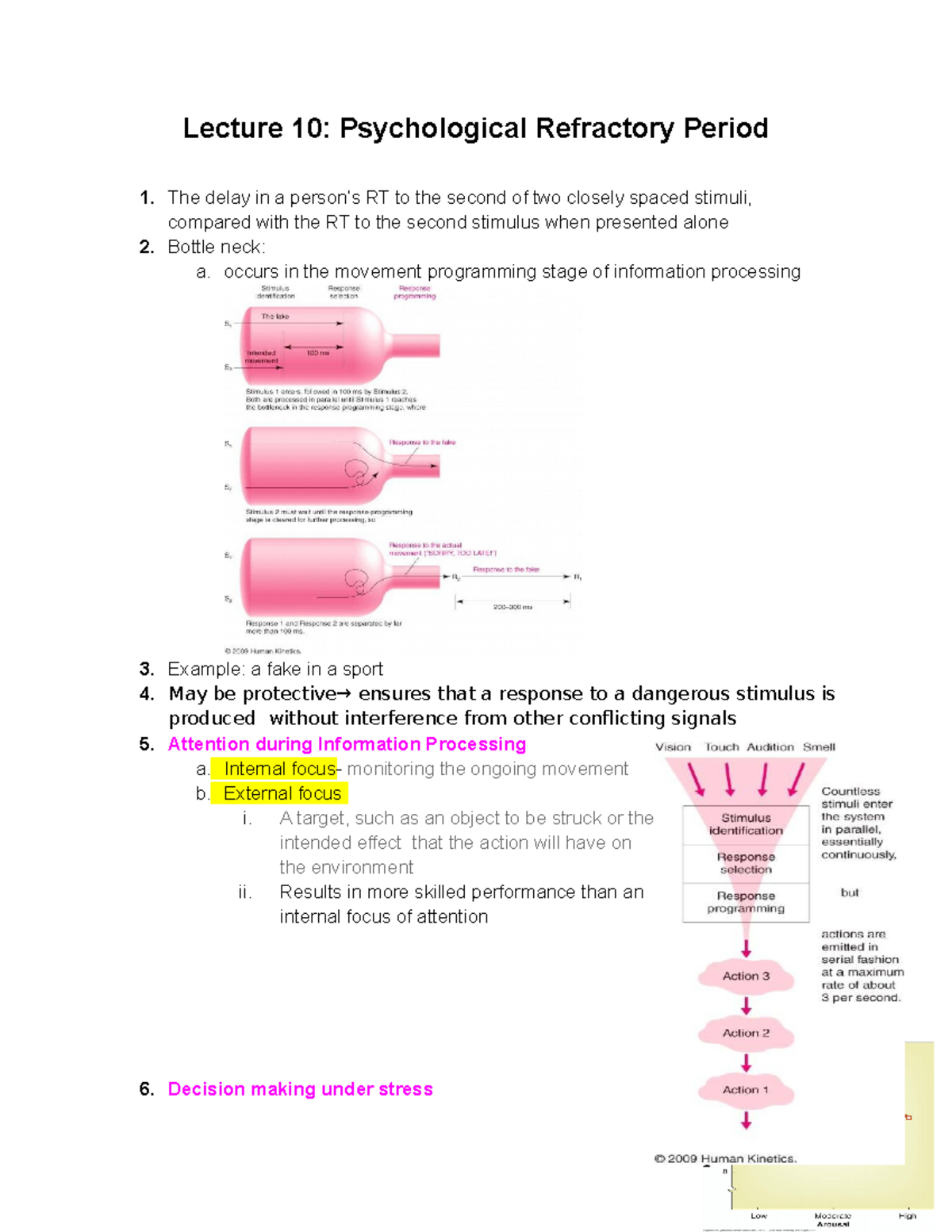 KNH 184 notes-18 - lecture notes - Lecture 10: Psychological Refractory ...