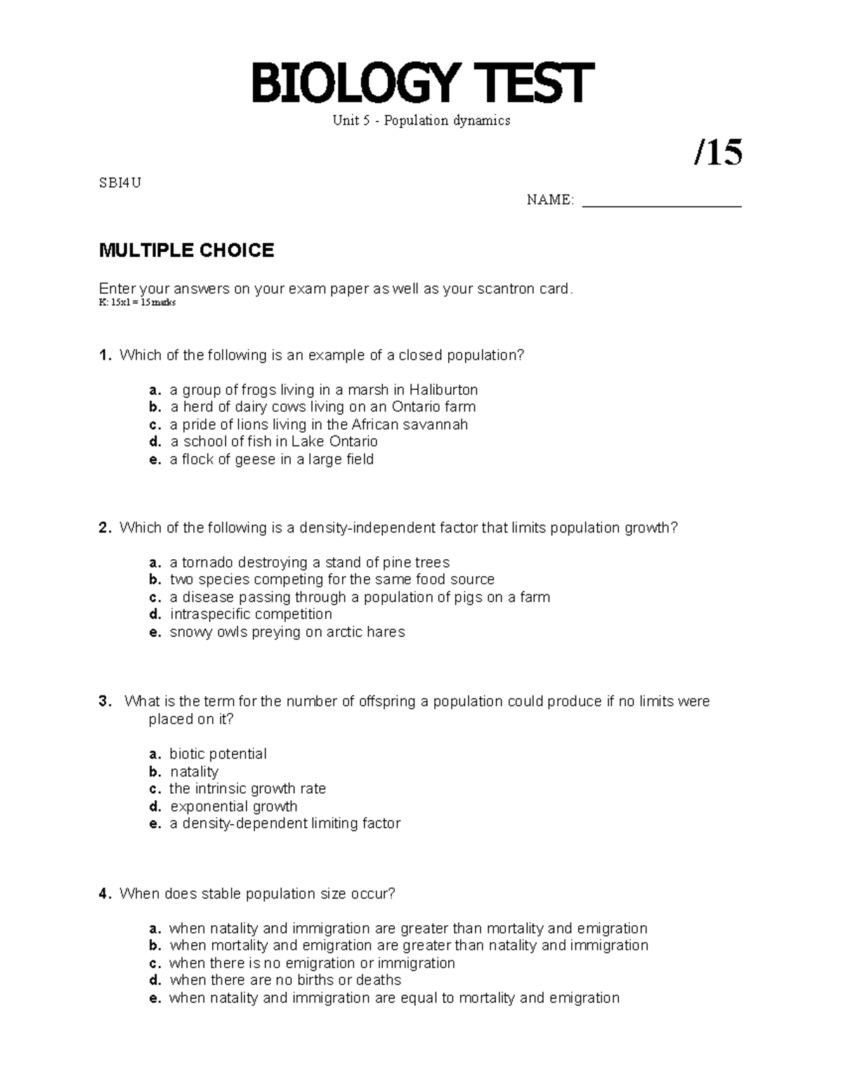 Test unit 5 - important - BIOLOGY TEST Unit 5 - Population dynamics ...
