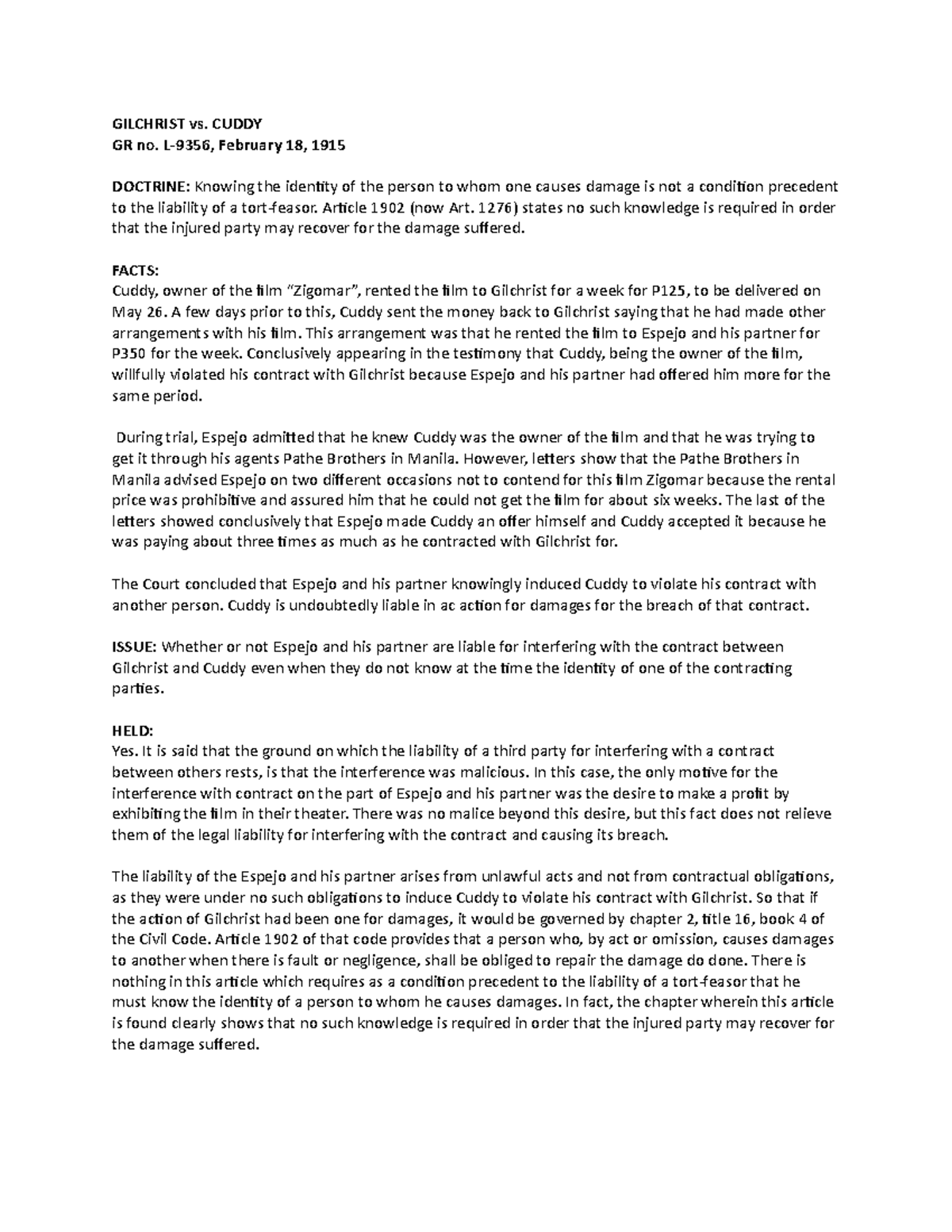 Gilchrist vs Cuddy - Case Digest - GILCHRIST vs. CUDDY GR no. L-9356 ...
