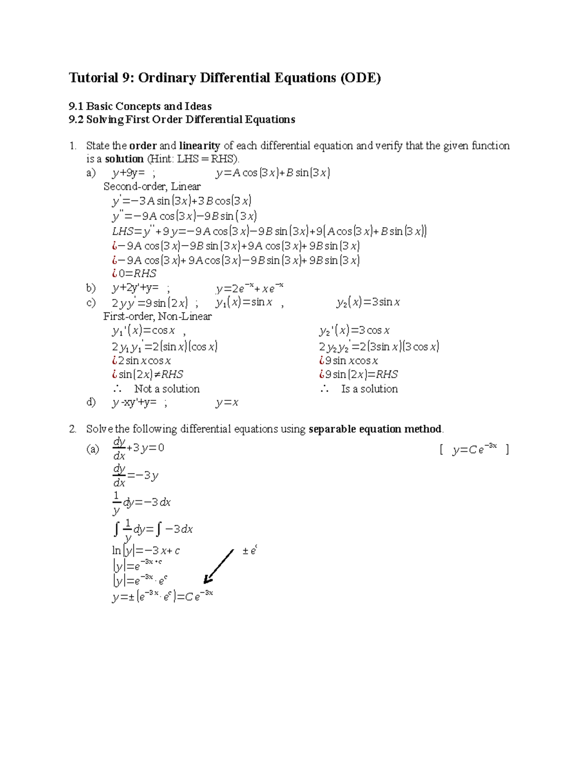 Calculus (Tutorial 09) Answer - Tutorial 9: Ordinary Differential ...