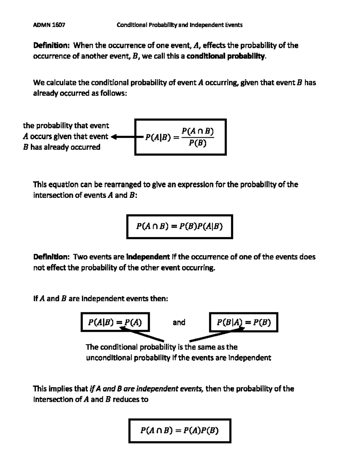 Module 7- conditional Probabilties and independent events - ADMN 1607 - Nipissing - Studocu