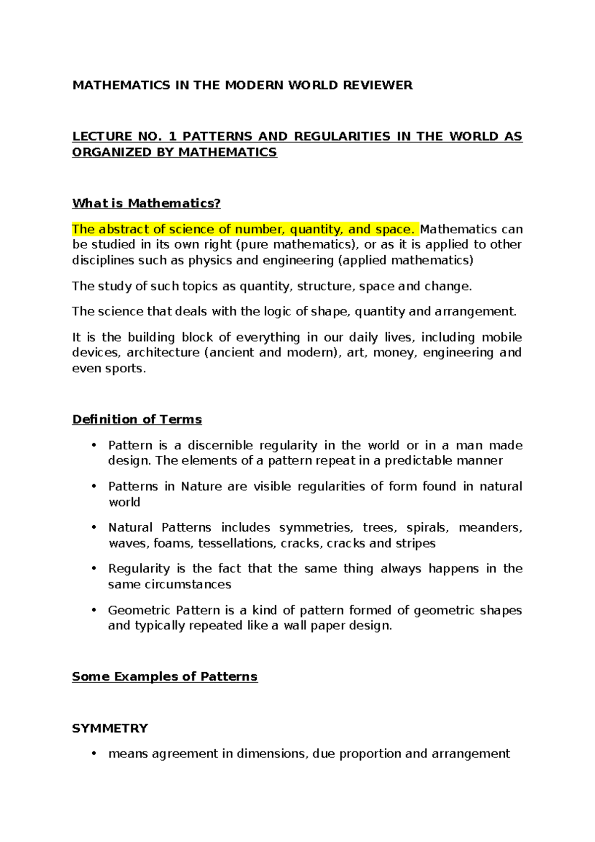 MMW Prelim Reviewer - MATHEMATICS IN THE MODERN WORLD REVIEWER LECTURE NO. 1 PATTERNS AND - Studocu