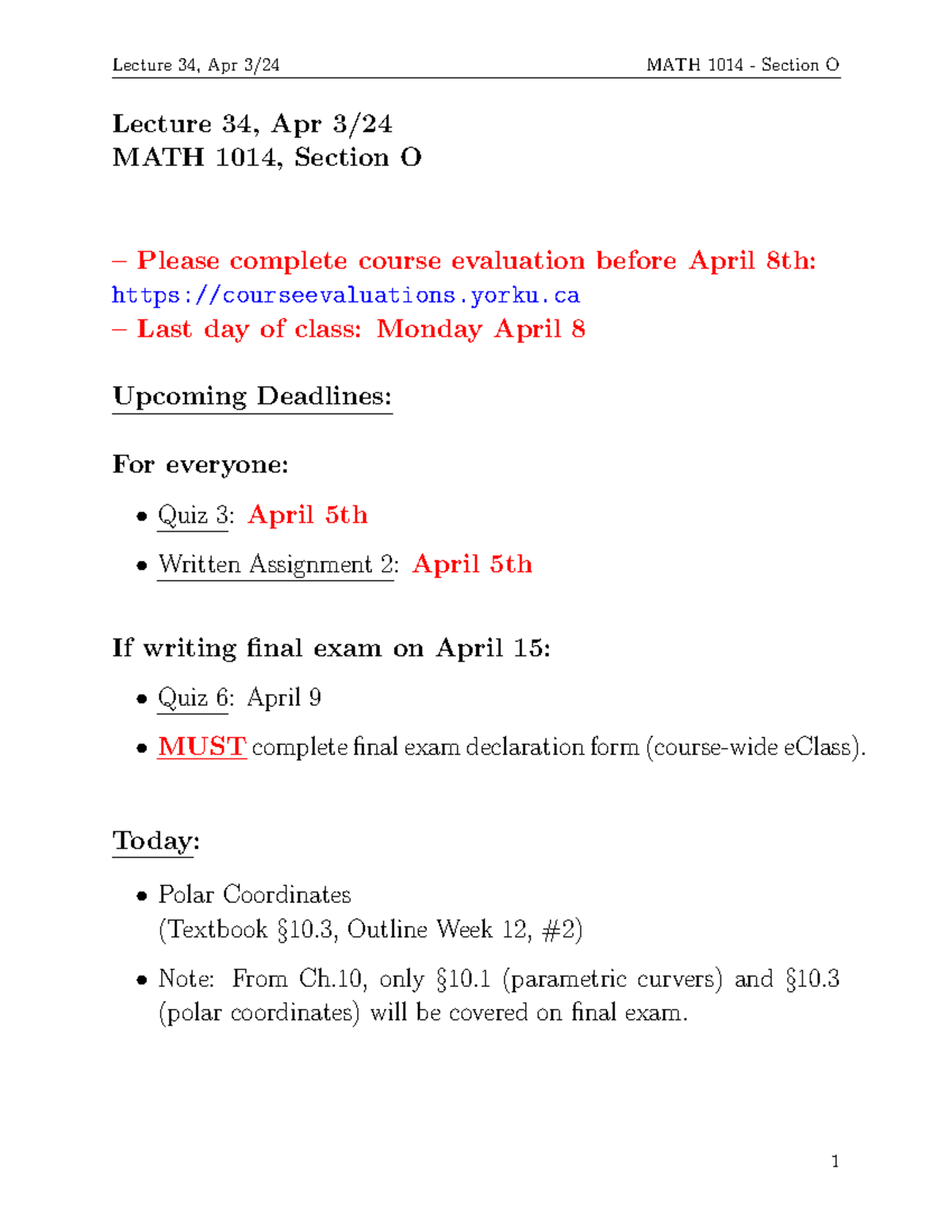 Polar Cordinates - Lecture 34, Apr 3/ MATH 1014, Section O Please ...