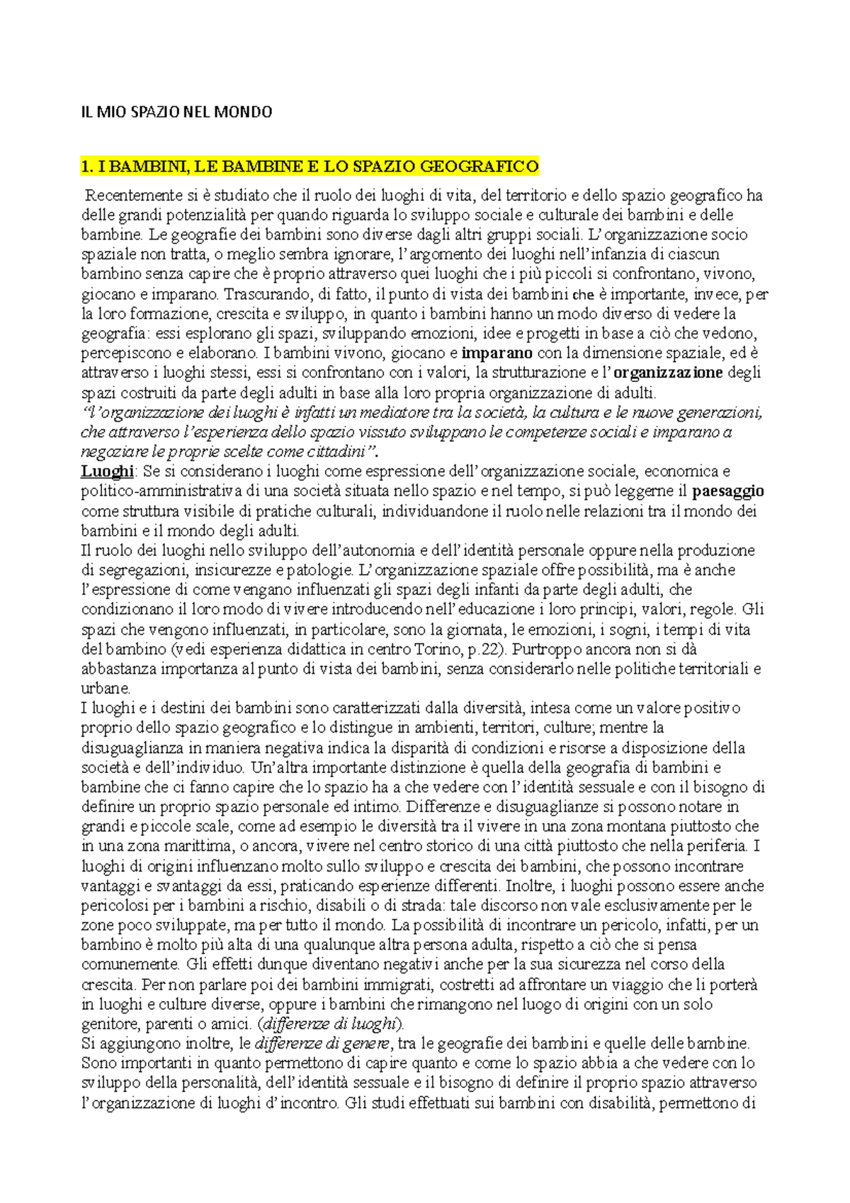 Riassunto IL MIO Spazio NEL Mondo - IL MIO SPAZIO NEL MONDO 1. I ...