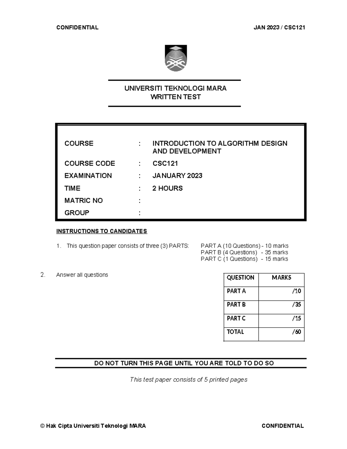TEST JAN 2023 SET 1 - UNIVERSITI TEKNOLOGI MARA WRITTEN TEST COURSE ...