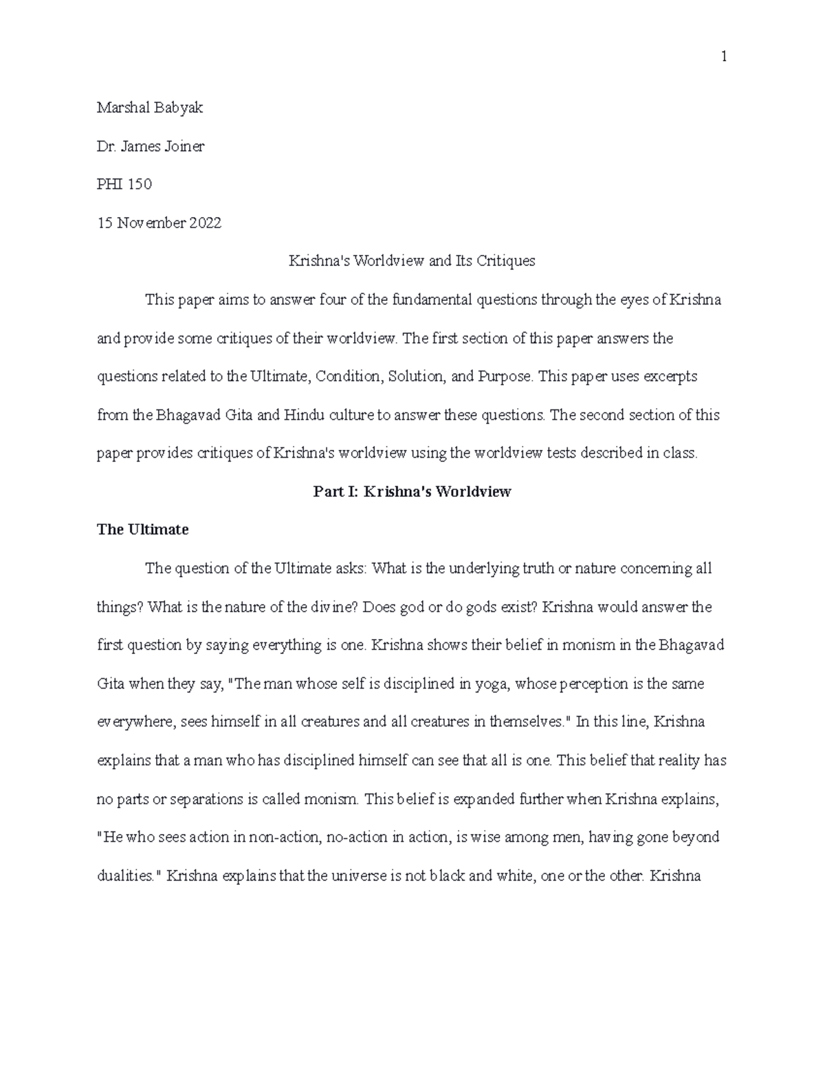 Kirshna's Worldview and Its Critiques - Marshal Babyak Dr. James Joiner ...