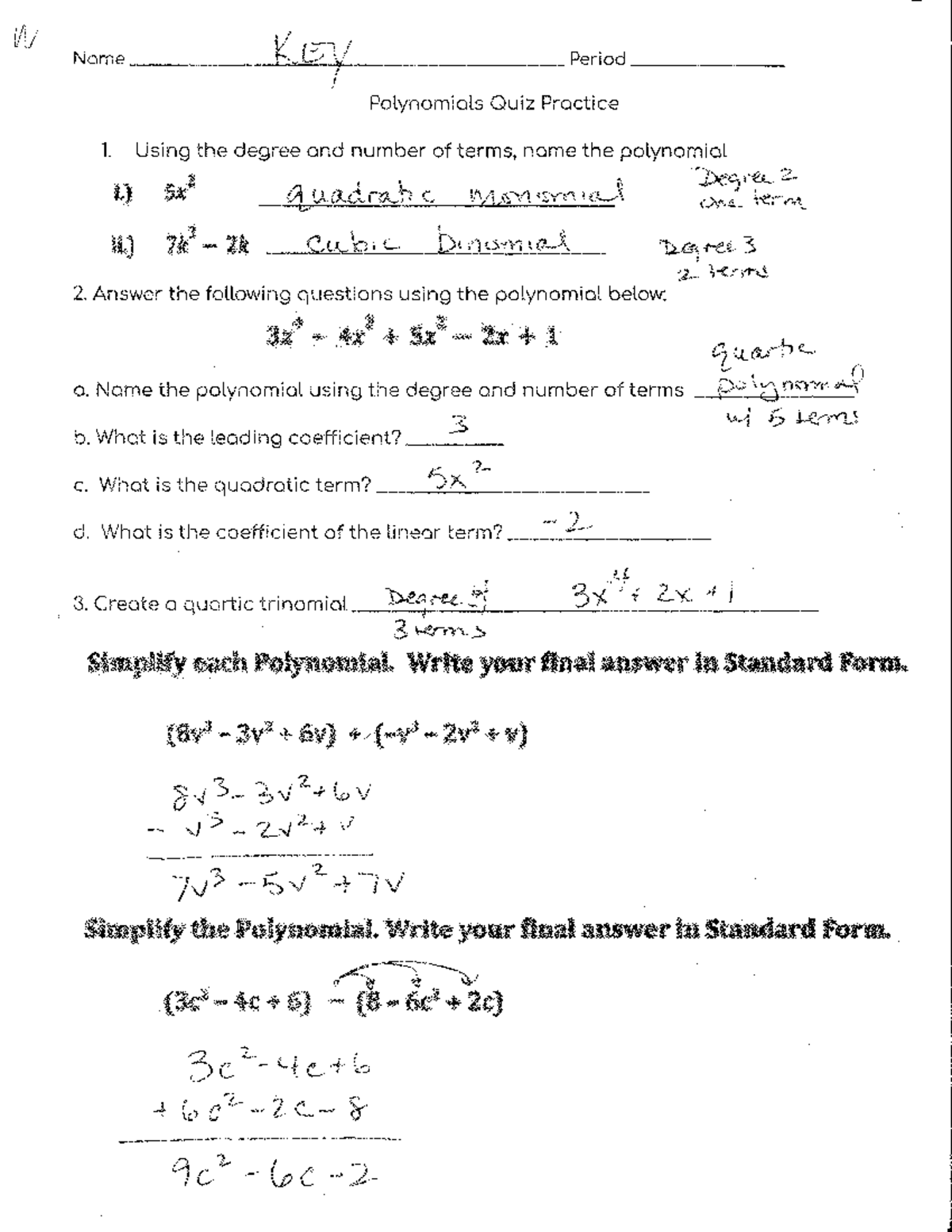 Polynomial Operations Quiz Review KEY - Studocu