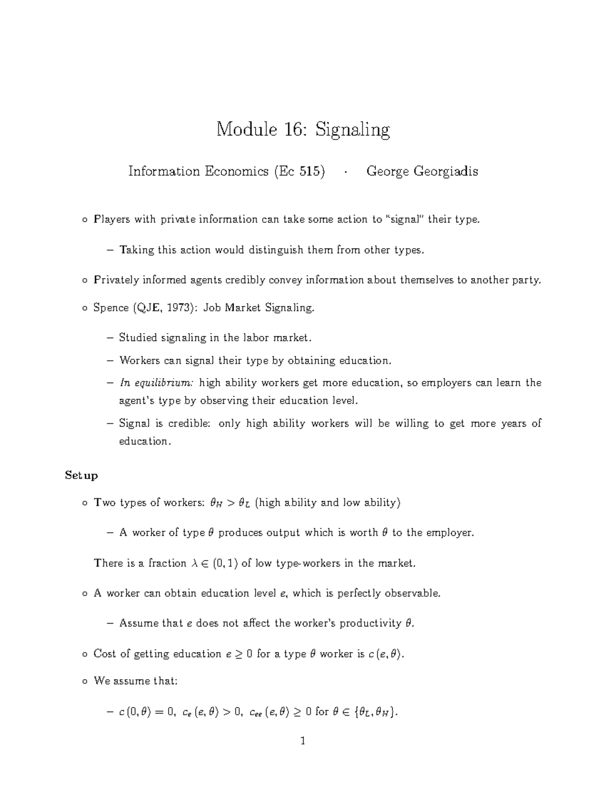 Ec515 Module 16 - Module 16: Signaling Information Economics (Ec 515 ...