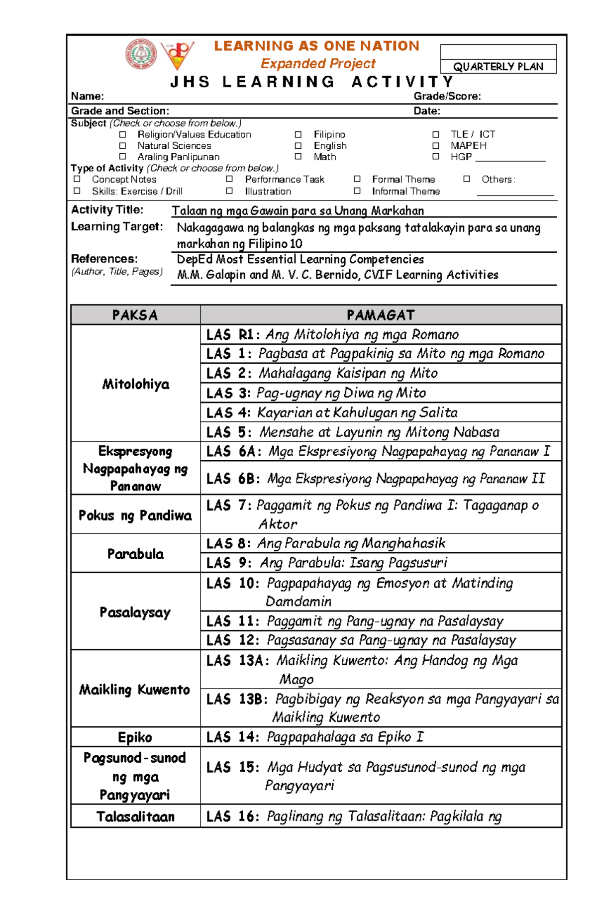 Filipino 10 Q1 Plan - Learning Plan - LEARNING AS ONE NATION Expanded ...