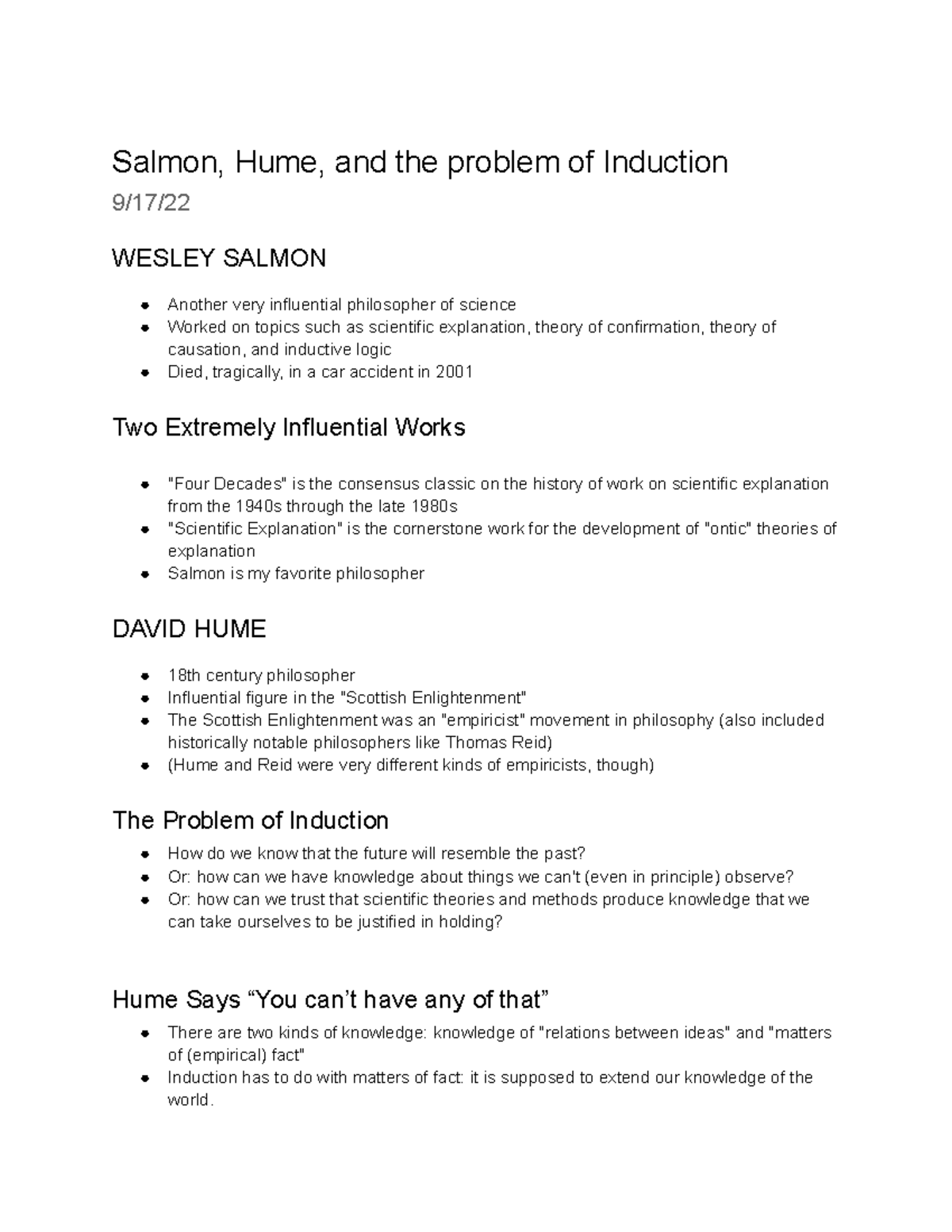 Phi2010 notes 2 - Salmon, Hume, and the problem of Induction 9/17 ...