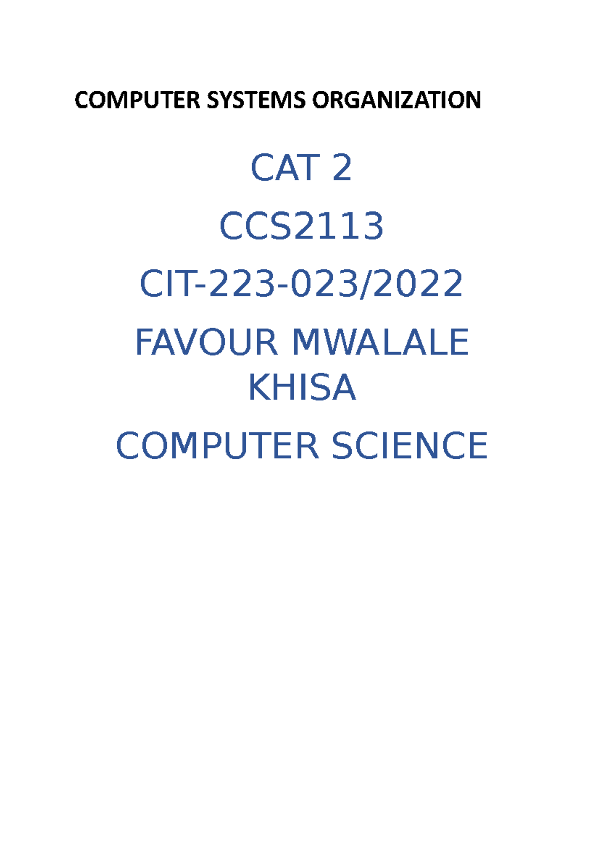 Computer Systems and Organisation - CAT 2 CCS CIT-223-023/ FAVOUR ...
