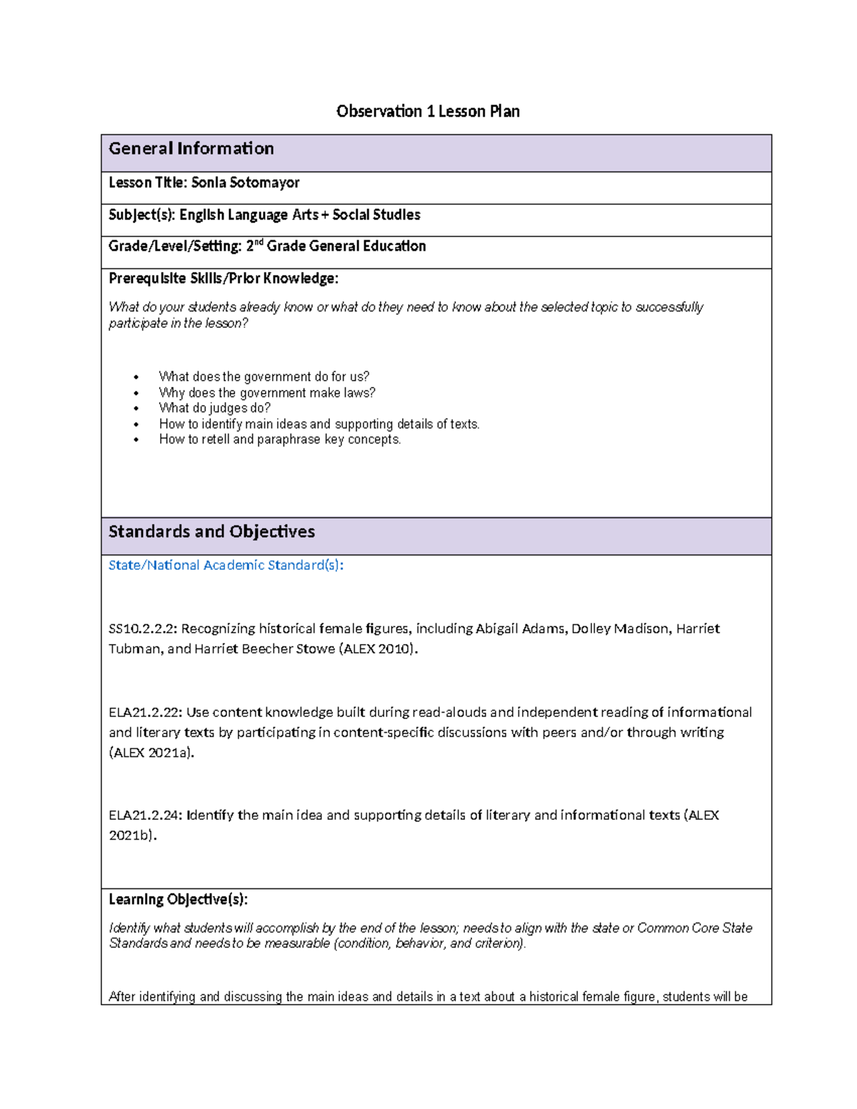 Observation 1 Lesson Plan - Observation 1 Lesson Plan General ...