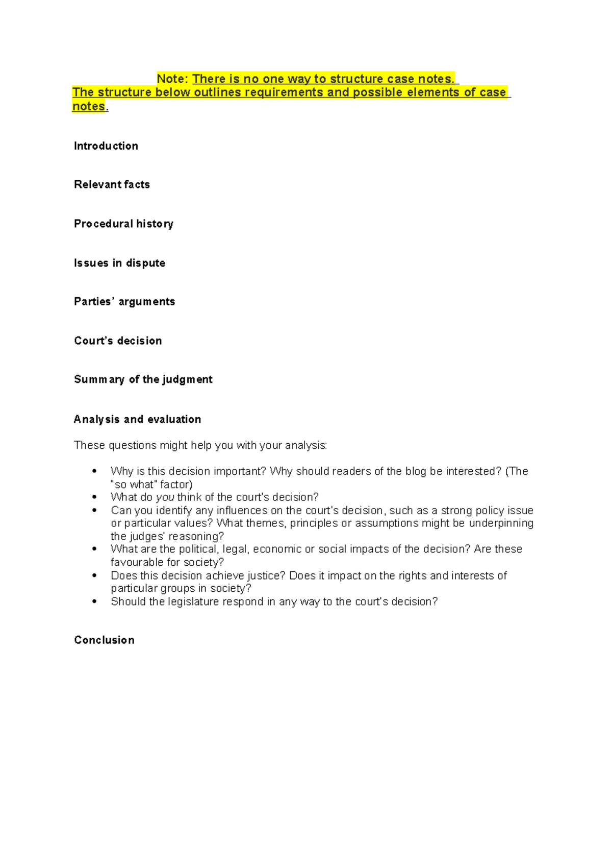 Suggested Case Note Structure - Assignment 1 - Note: There is no one ...