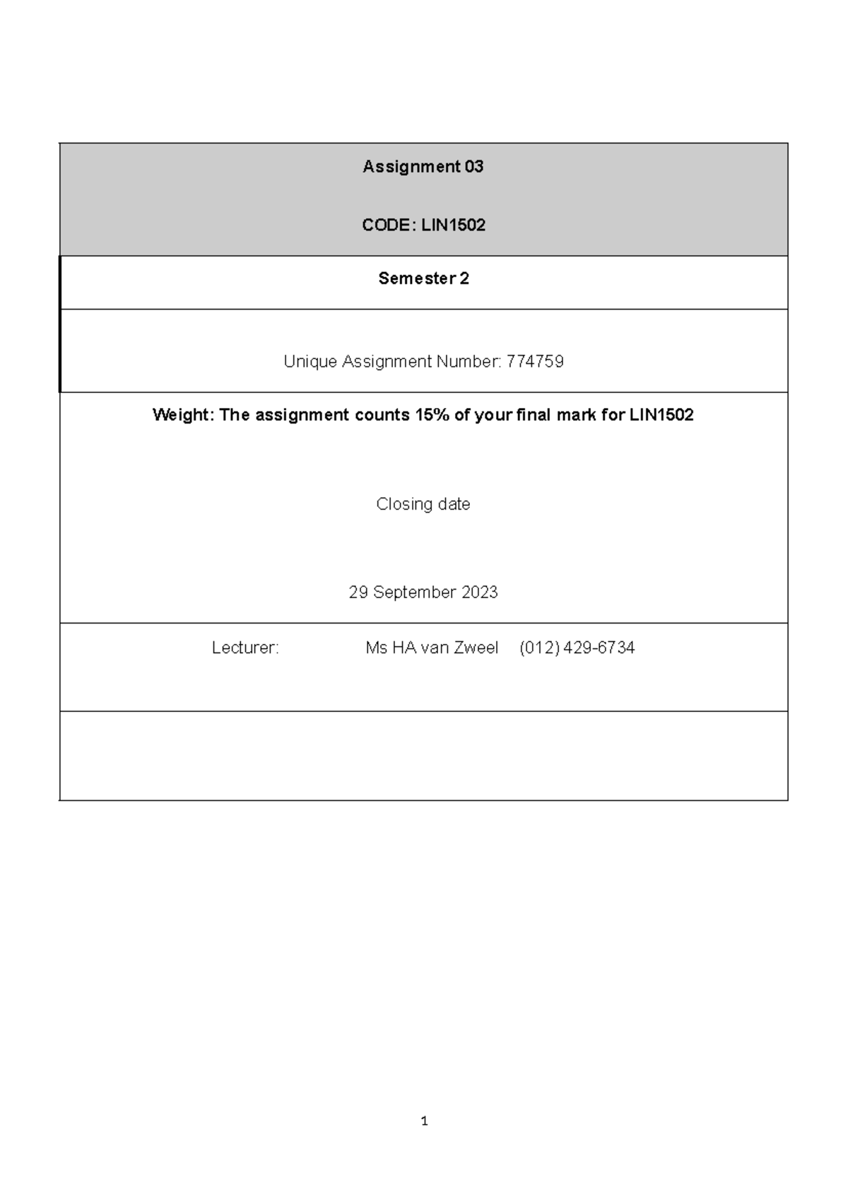 Assignment 03 2023 - Closing date - Assignment - CODE: LIN - Semester - Unique Assignment Number ...