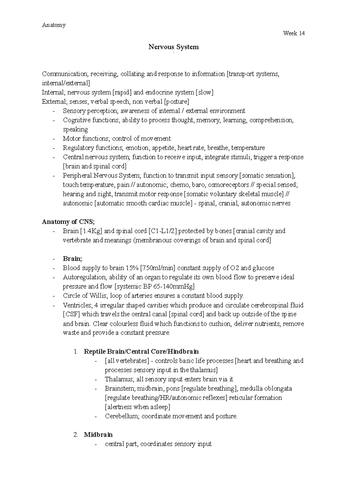 Nervous System -14 - Lecture notes 14 - Week 14 Nervous System ...