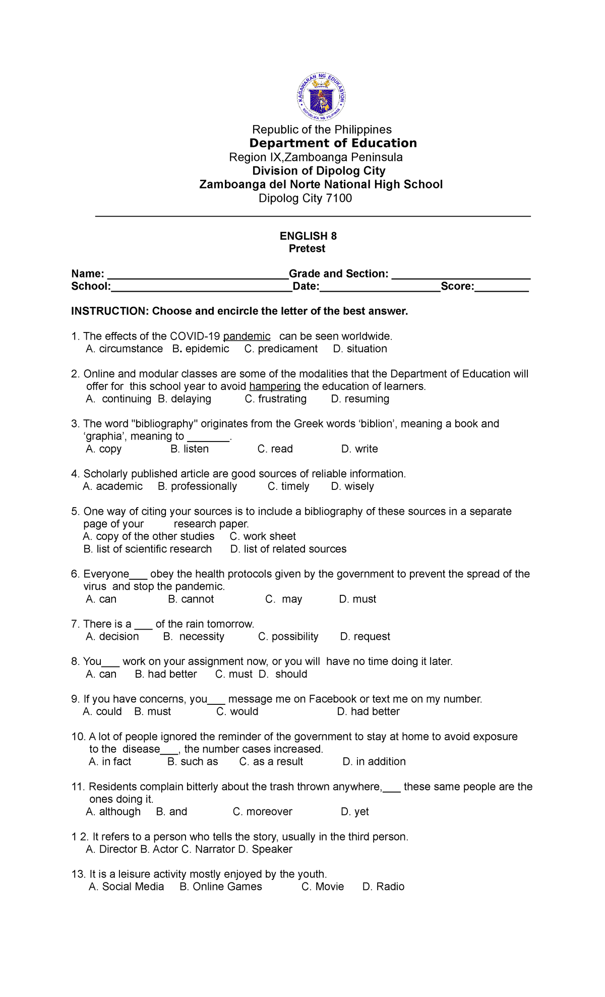 Pretest for grade 8 1 - Pre Test - Republic of the Philippines ...