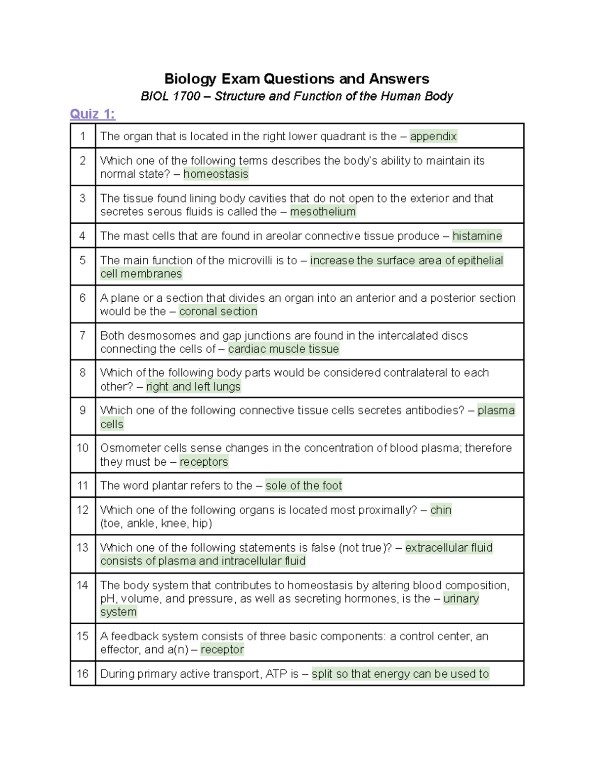 Biology Exam Questions and Answers - 11 In the anatomical lever system ...