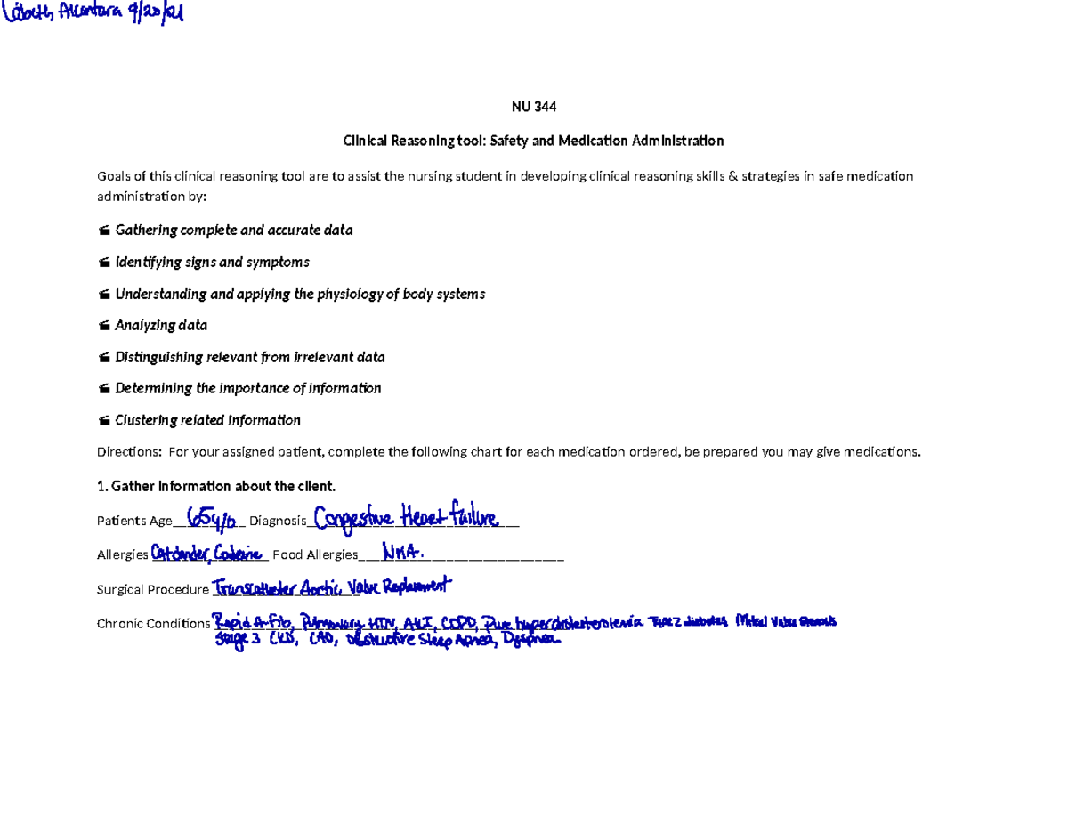 344 Medication Safety Tool - NU 344 Clinical Reasoning tool: Safety and ...