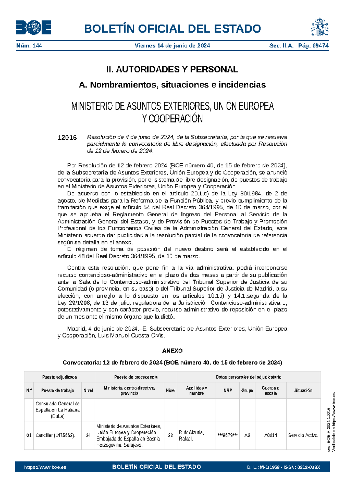 BOE A 2024 12016 - No lo miréis es una hora del BOE - II. AUTORIDADES Y ...