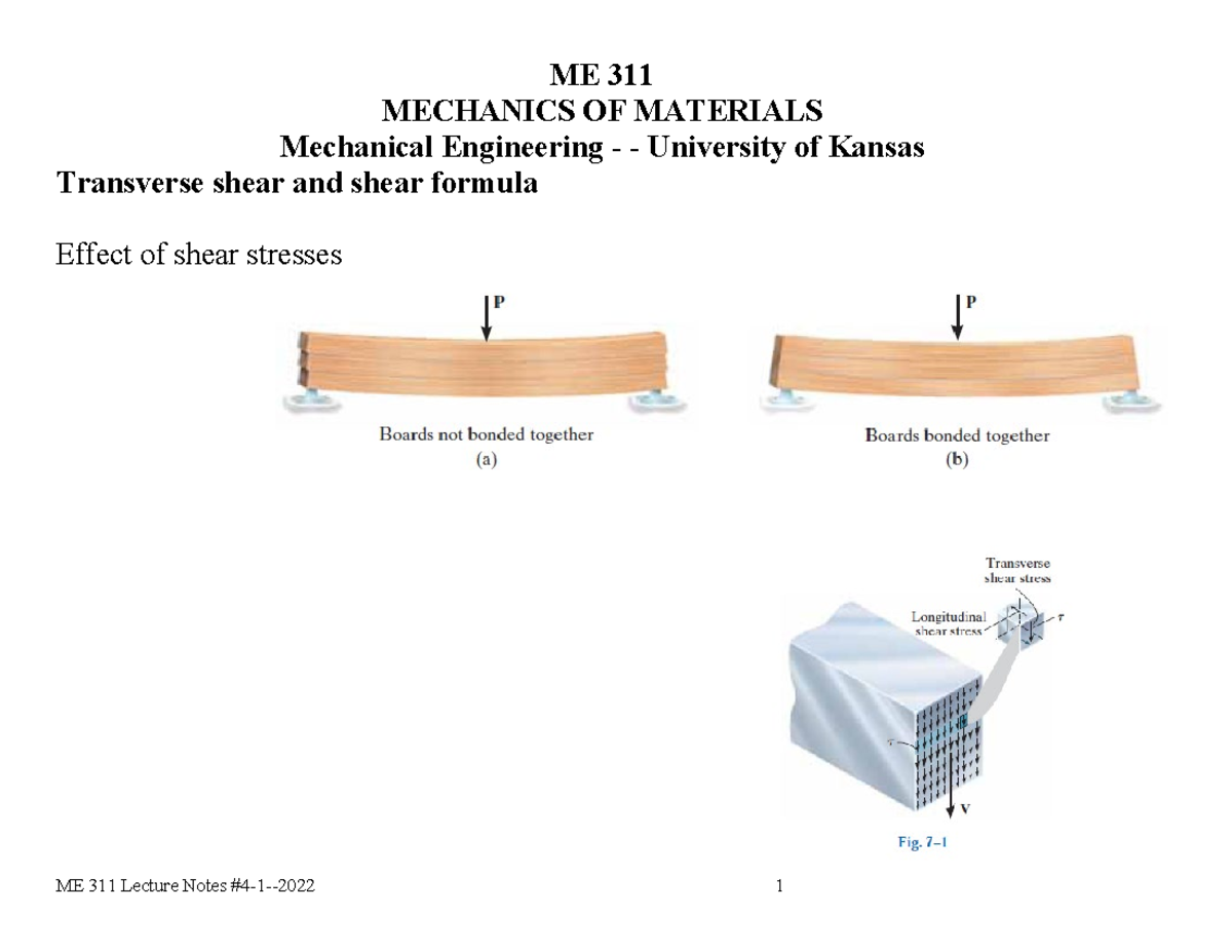 Lecture 4-1 Transver shear and shear formula Blank - ME 311 MECHANICS ... Lecture 4-1 Transver shear and shear formula Blank - ME 311 MECHANICS ...