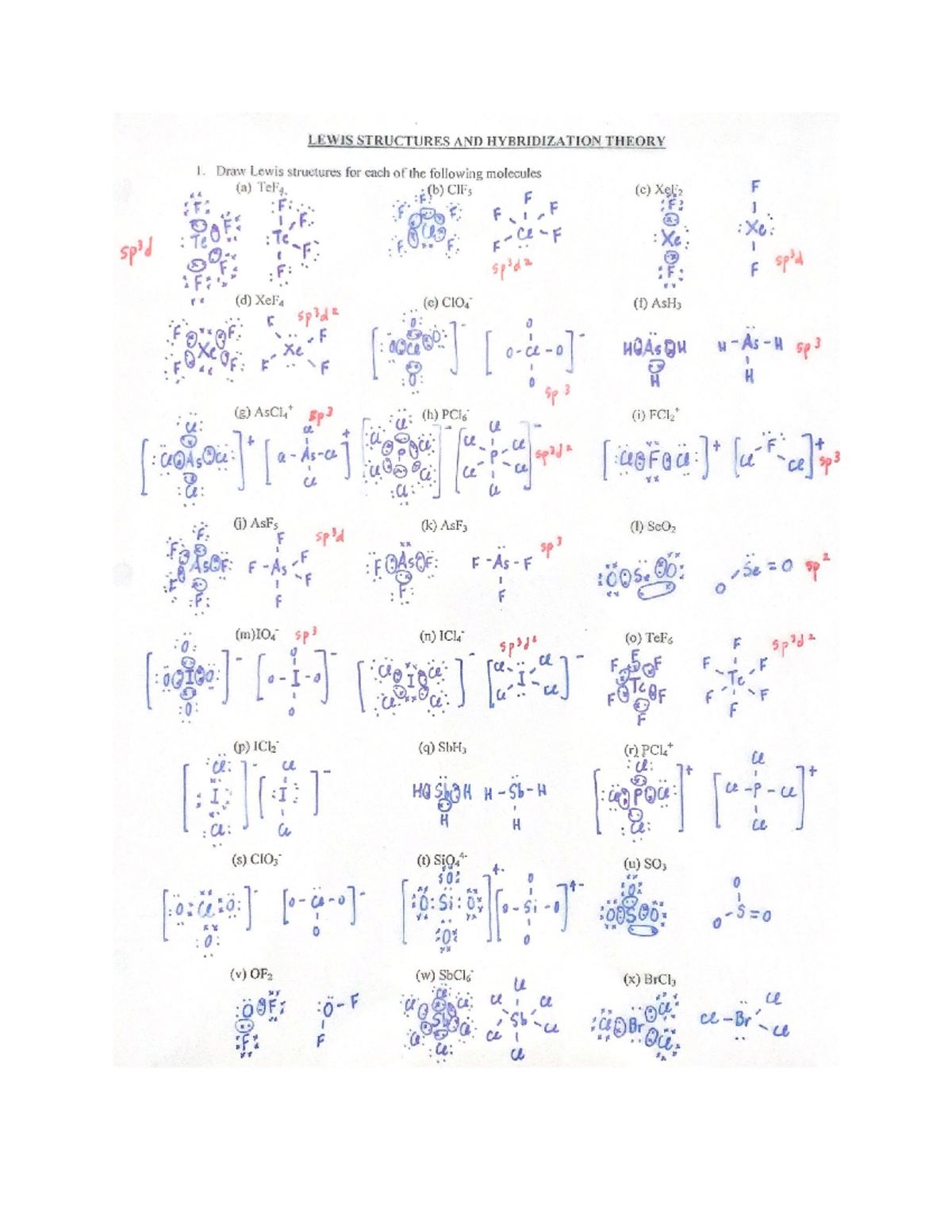 Lewis Sturctures and Hybridization answers - CHM 2046 - LEWIS ...
