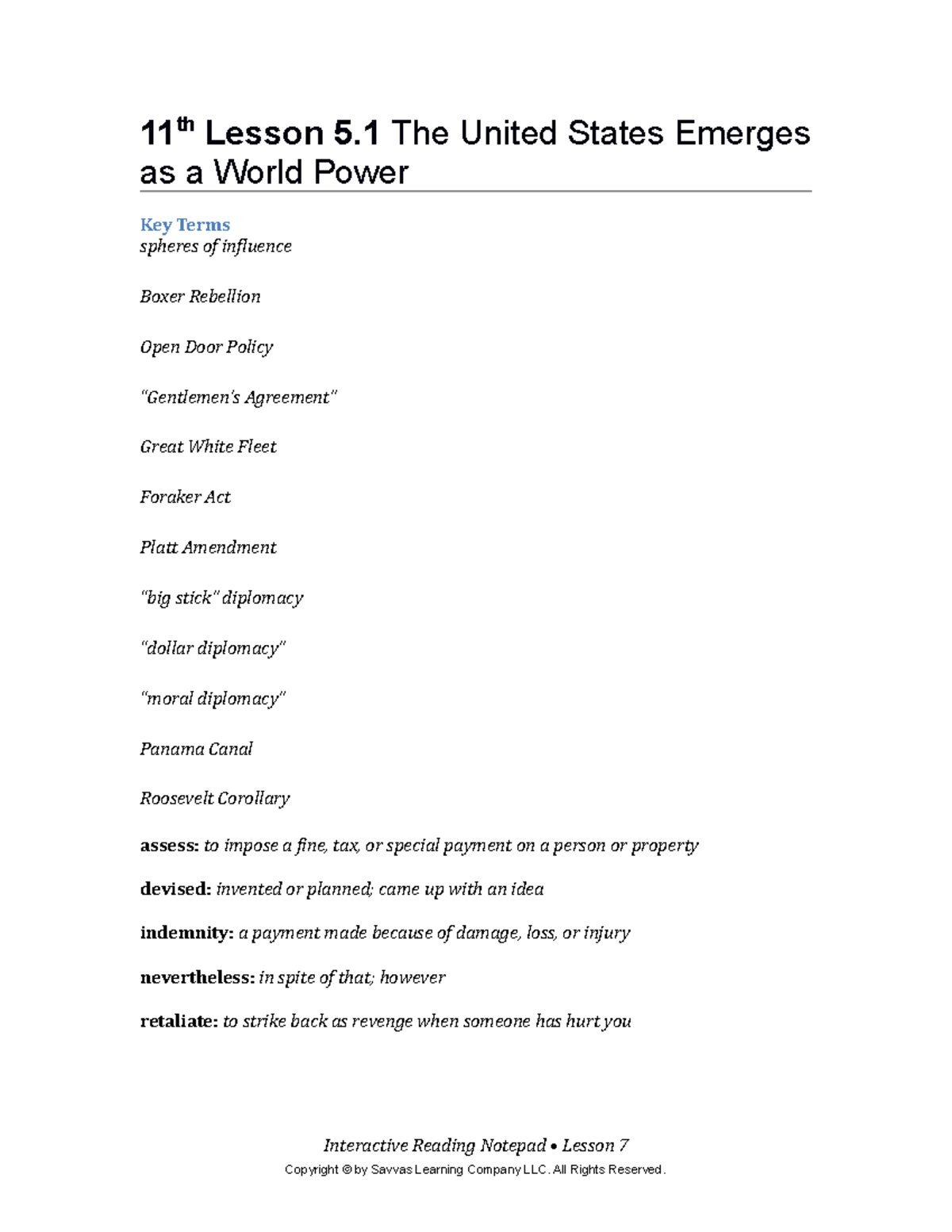 5 - Class notes - 11 th Lesson 5 The United States Emerges as a World ...
