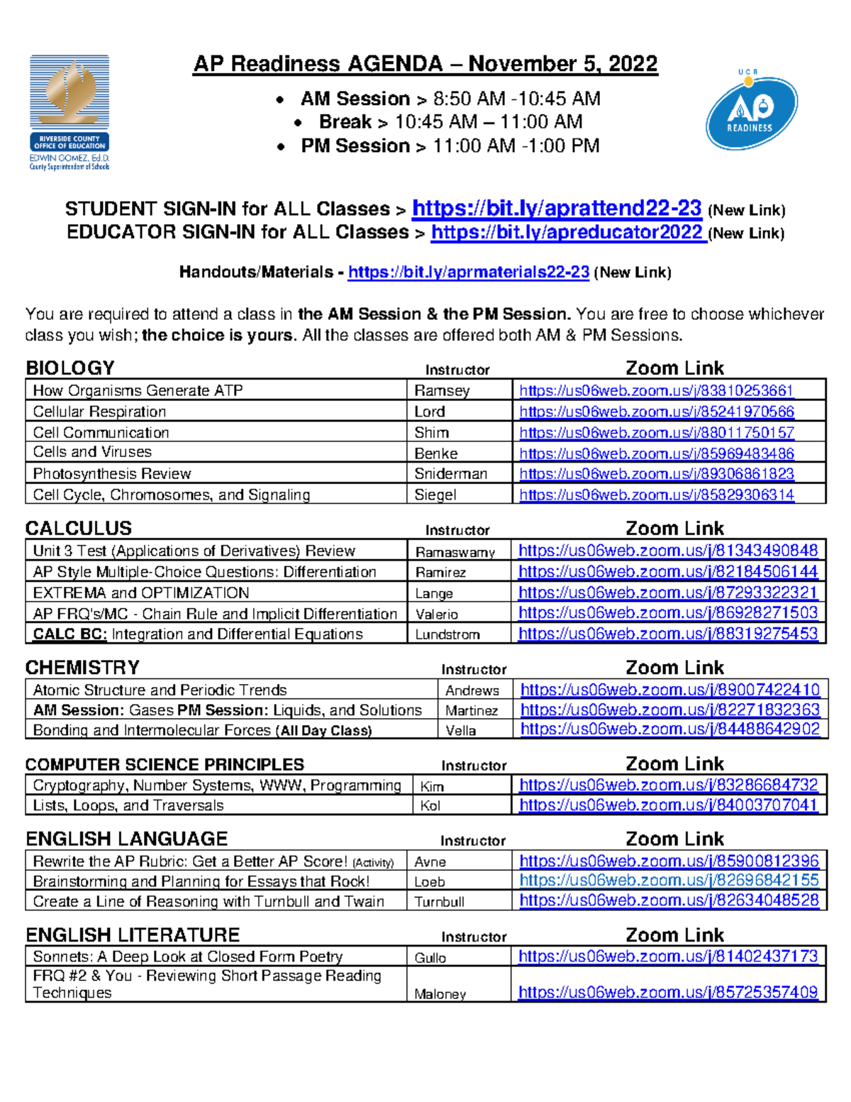 8207 - SAME - AP Readiness AGENDA – November 5, 2022 AM Session > 8:50 AM -10:45 AM Break ...