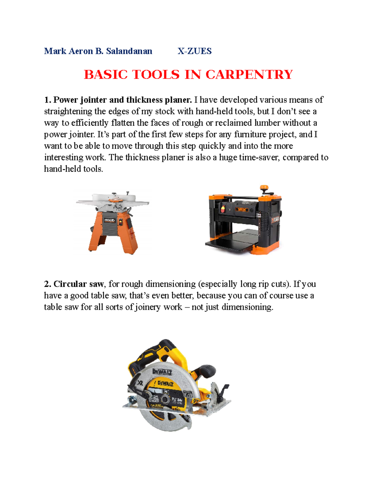 Basic Tools in Carpentry - Mark Aeron B. Salandanan X-ZUES BASIC TOOLS ...