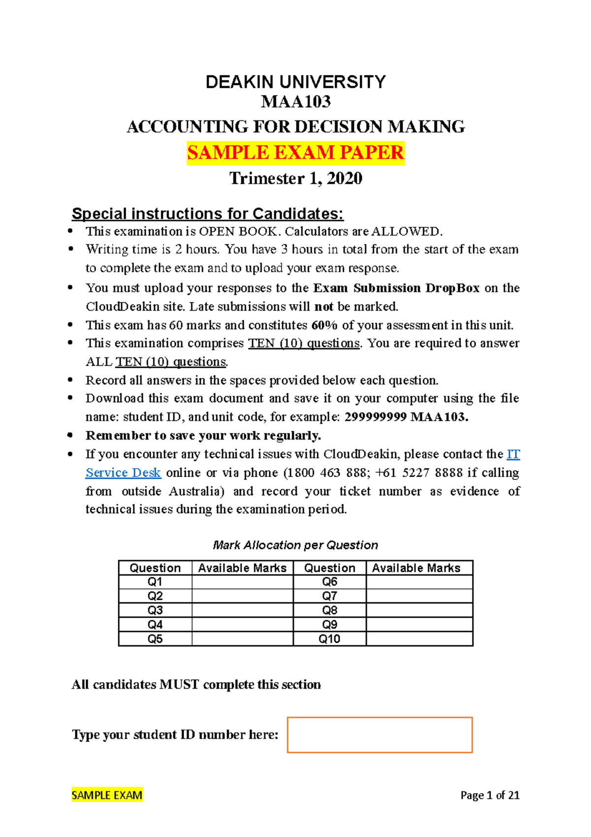 MAA103 T1 2020 Practice Exam - DEAKIN UNIVERSITY MAA ACCOUNTING FOR ...