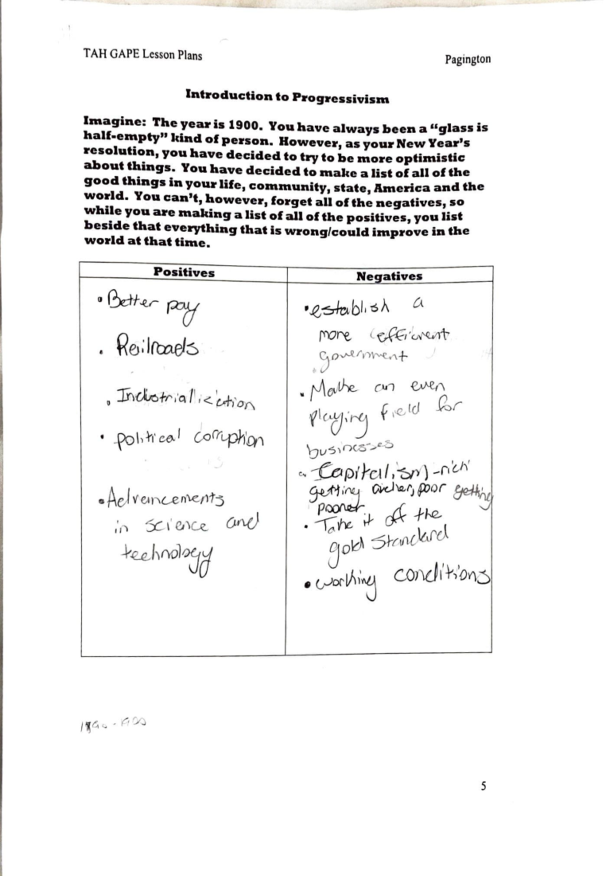 Progressive era notes - TAH GAPE Lesson Plans Pagington Introduction to ...