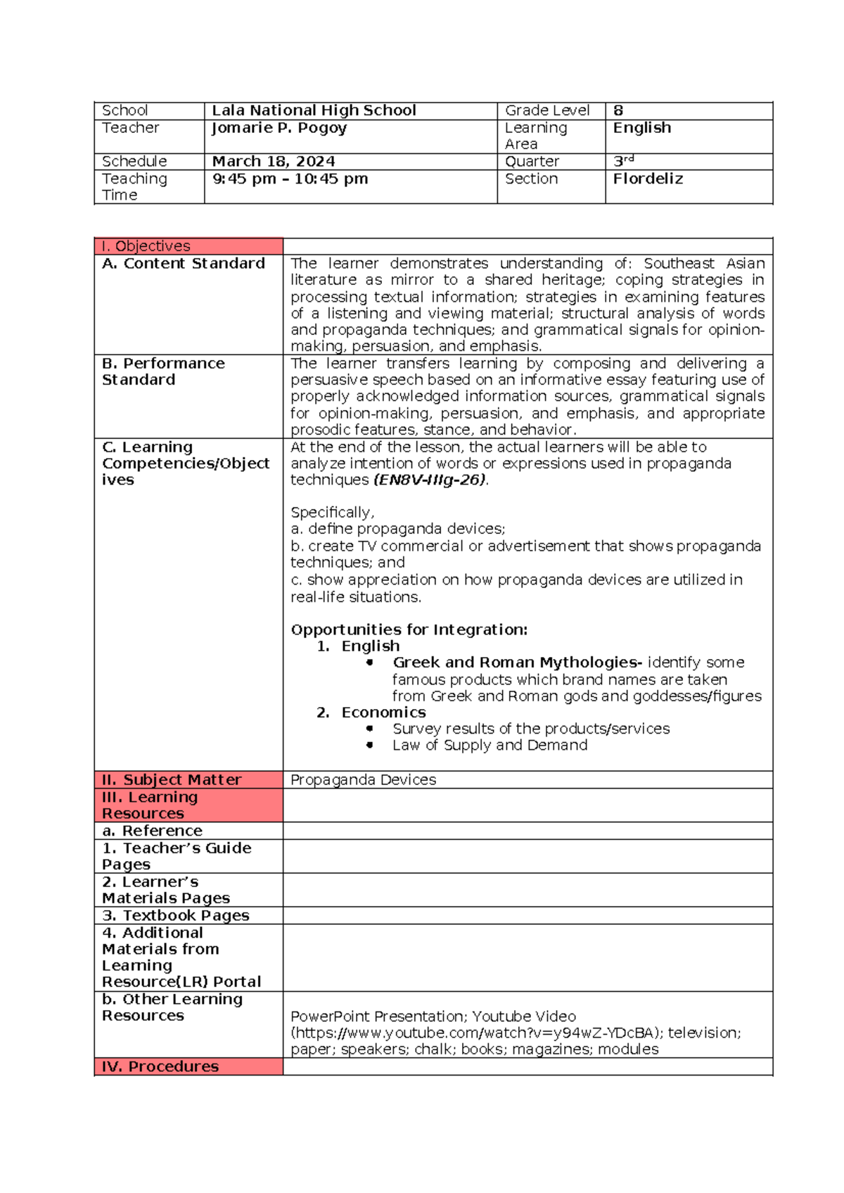 English 8 Detailed Lesson Plan - School Lala National High School Grade ...
