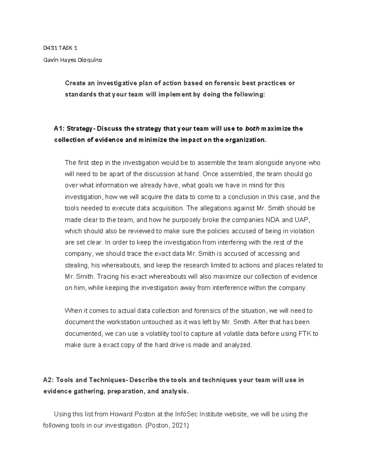 D431 TASK 1 - a example oif task 1 - D431 TASK 1 Gavin Hayes Dioquino ...