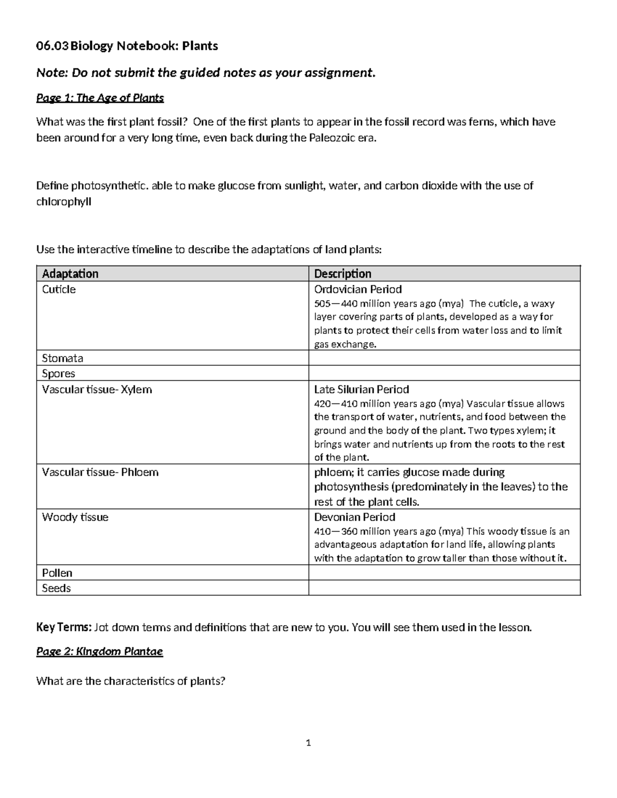06 03 plants - Science - 06 Biology Notebook: Plants Note: Do not ...