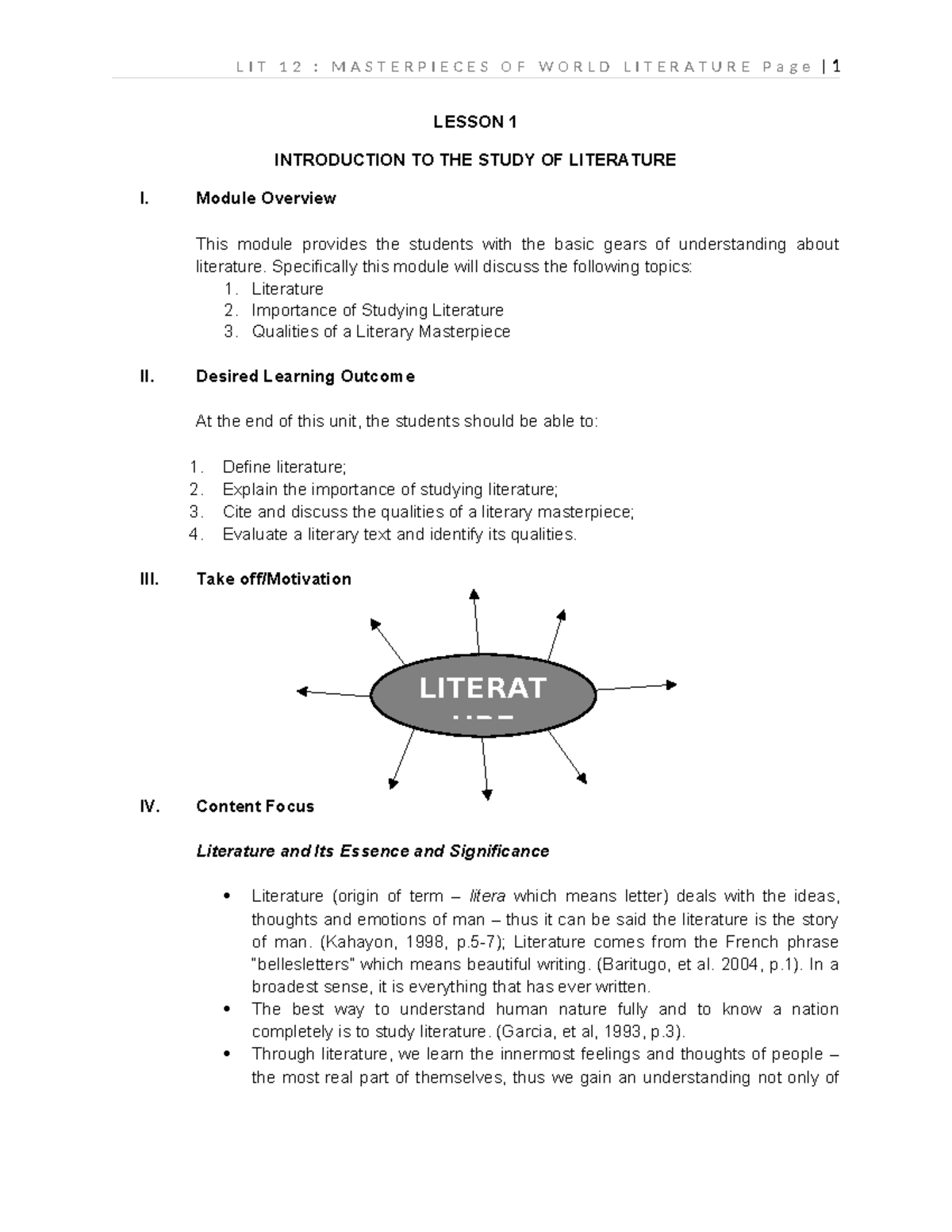 Lesson 1 - Literature - LESSON 1 INTRODUCTION TO THE STUDY OF ...