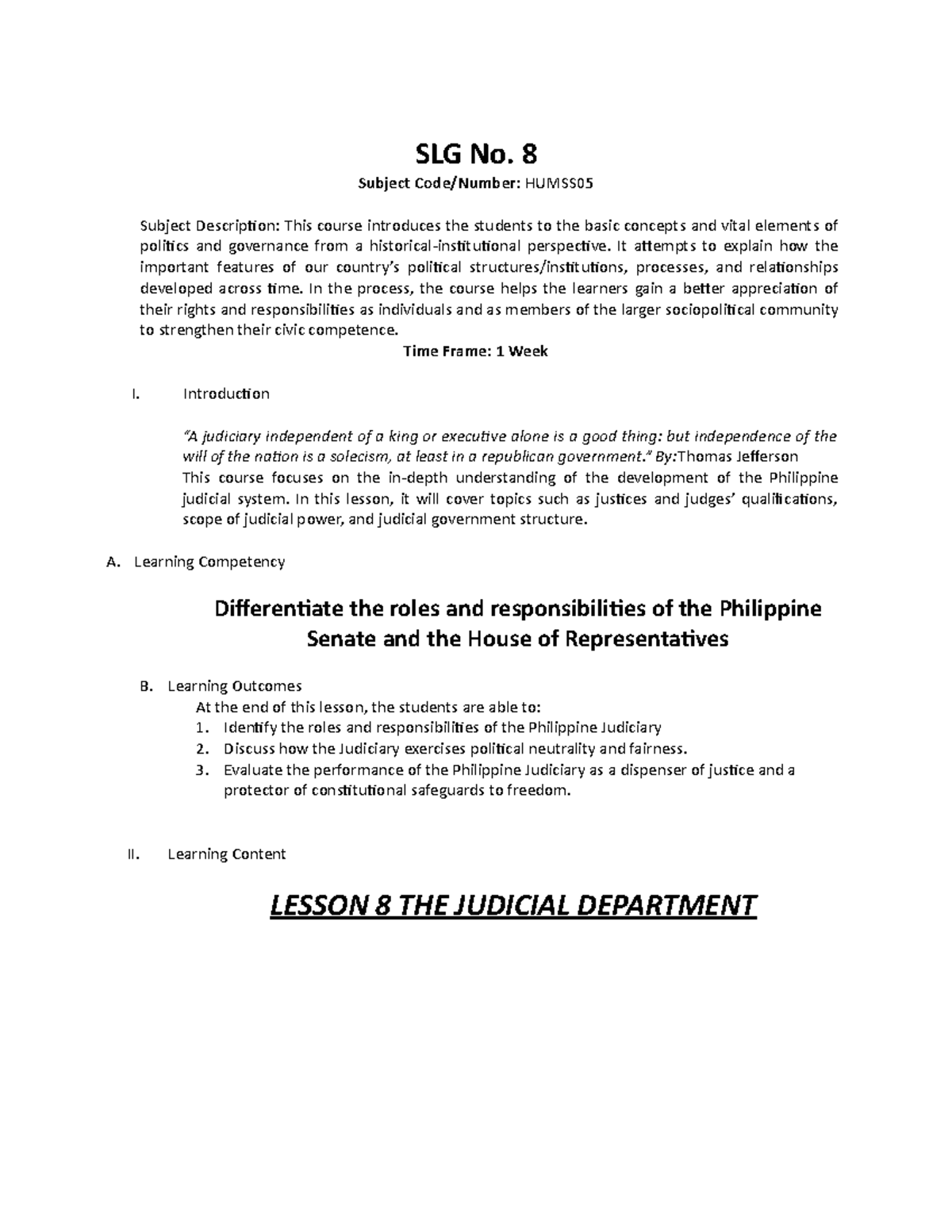 Polsci Slg-8 - none - SLG No. 8 Subject Code/Number : HUMSS Subject ...
