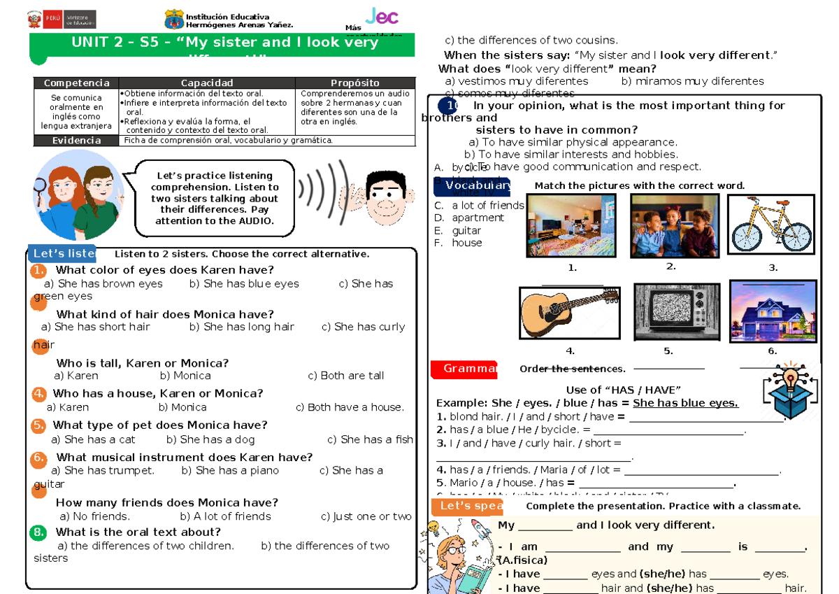 UNIT 2 - Listening 5 - Ciclo VII - 2023 - UNIT 2 – S5 – “My sister and ...
