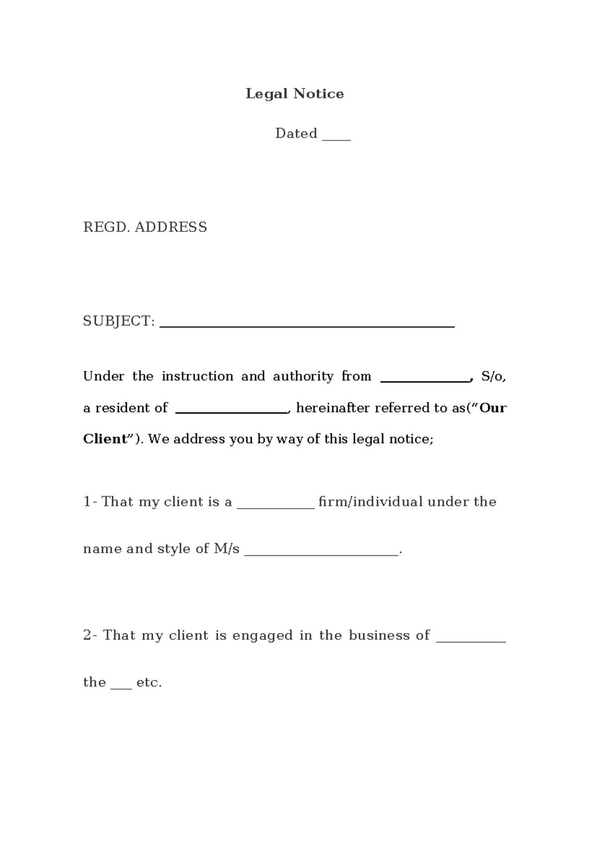 Legal Notice Drafting format sample - Legal Notice Dated ____ REGD ...